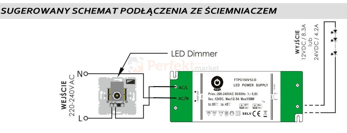 Zasilacz ściemnialny fazowo TRIAK 12V 132W FTPC150V12-D IP20 Perfekt ...